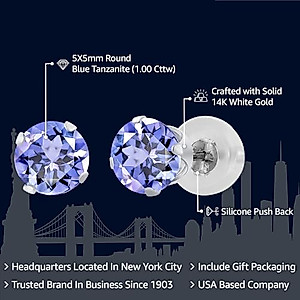 Gem Stone King 14K White Gold Tanzanite Stud Earrings For Women (1.00 Cttw, Gemstone Birthstone, Round 5MM)