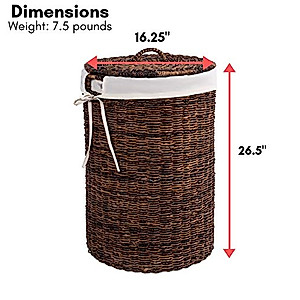 BirdRock Home Abaca Laundry Hamper with Liner - Round Clothes Bin with Lid - Organize Laundry - Cut-Out Handles for Easy Transport - Includes Machine Washable Canvas Liner (Espresso)