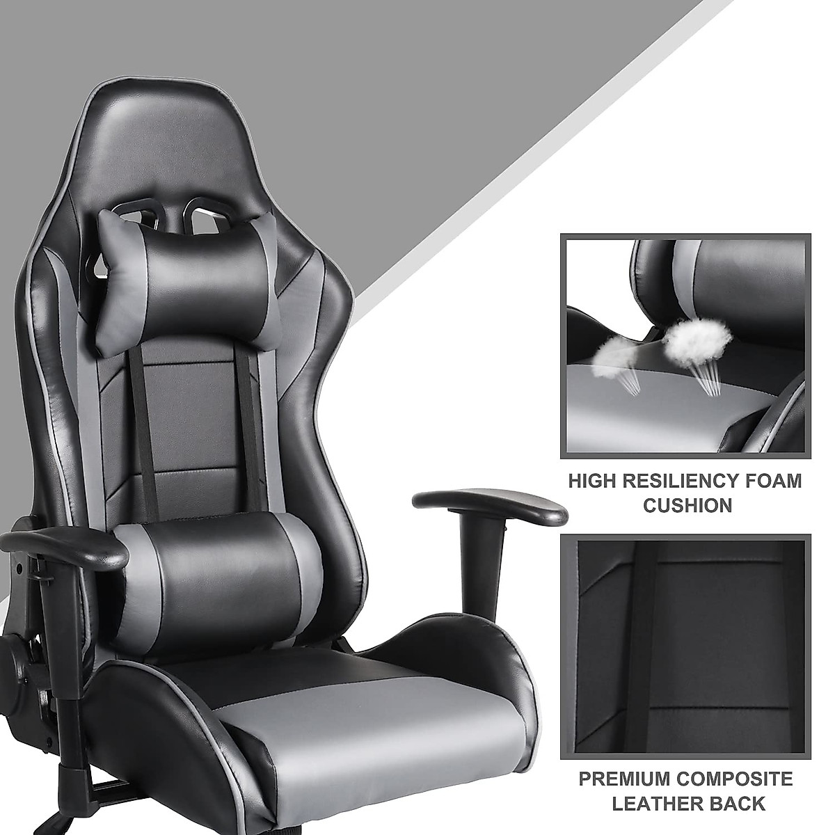 Office Chair, Ergonomic Reclining Computer Gaming Chair PU Leather Comfortable Swivel Task Home Office Desk Chair High Back with Adjustable Armrests, Black/Grey