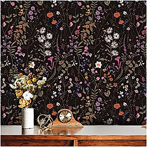 Floral Peel and Stick Wallpaper Boho: 118" X 17.7" Removable Wallpaper Easy Peel Off wallpaper for Bedroom Black Wallpaper Dark Wild Flowers Self Adhesive Contact Paper Renter Friendly Wall Paper