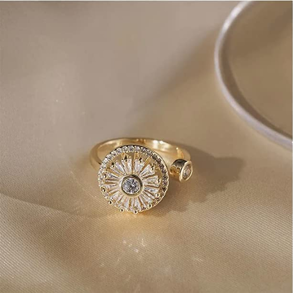 NIDAL Gold Crystal Spinning Fidget Anxiety Ring,Spinning Enamel Rings,Women's Adjustable Open Ring Discreet Calming Gift