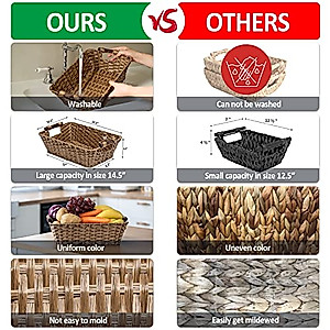 ROSOS Wicker Baskets 2 Pack, Washable Big Wicker Baskets for Storage with Wooden Handles, Waterproof Plastic Wicker Storage Basket for Shelves, Large Wicker Basket in Size 14.5"x10.6"x4.5", Brown