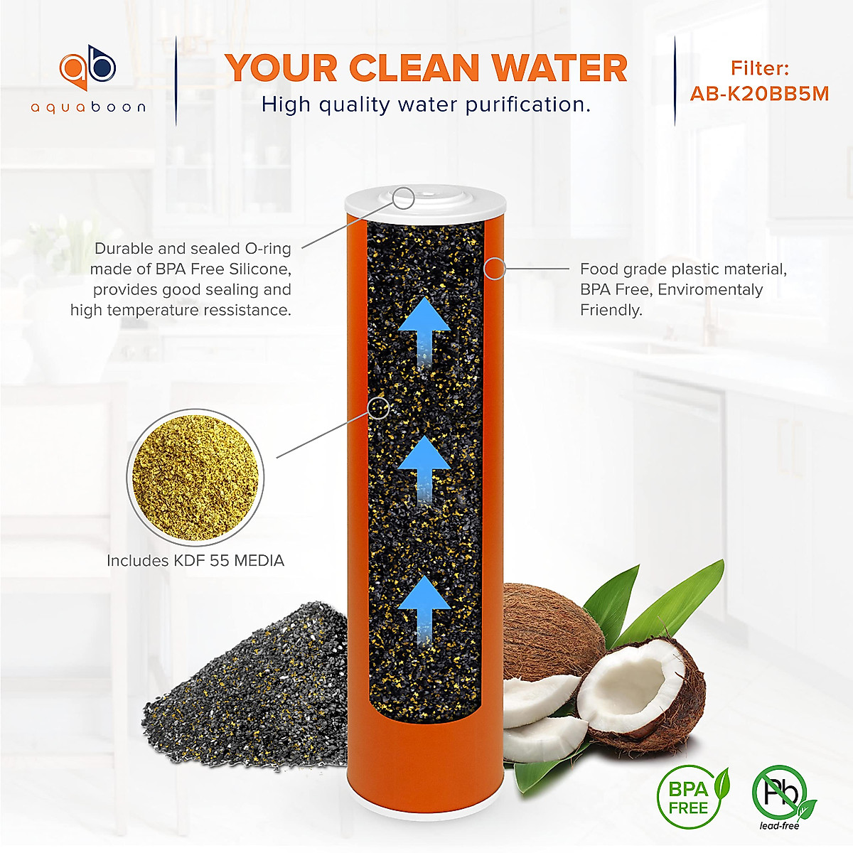 AQUABOON 5 Micron 20" x 4.5" KDF, Sediment & CTO Carbon Block Replacement Filter Cartridges Set | 1 set, 3 filters in a Set | COMPATIBLE WITH: EP20-BB, 2C-20BB, 155358-43, DGD-5005-20