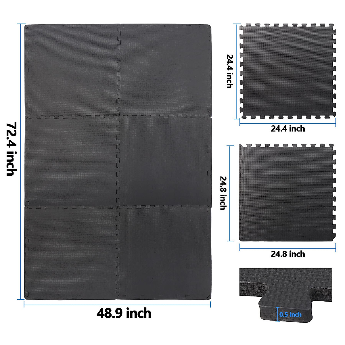 F2C 6 Pieces Puzzle Exercise Mat EVA Foam Interlocking Tiles with 12 End Borders for Gym Home Exercise Workout Floor Protecting Black