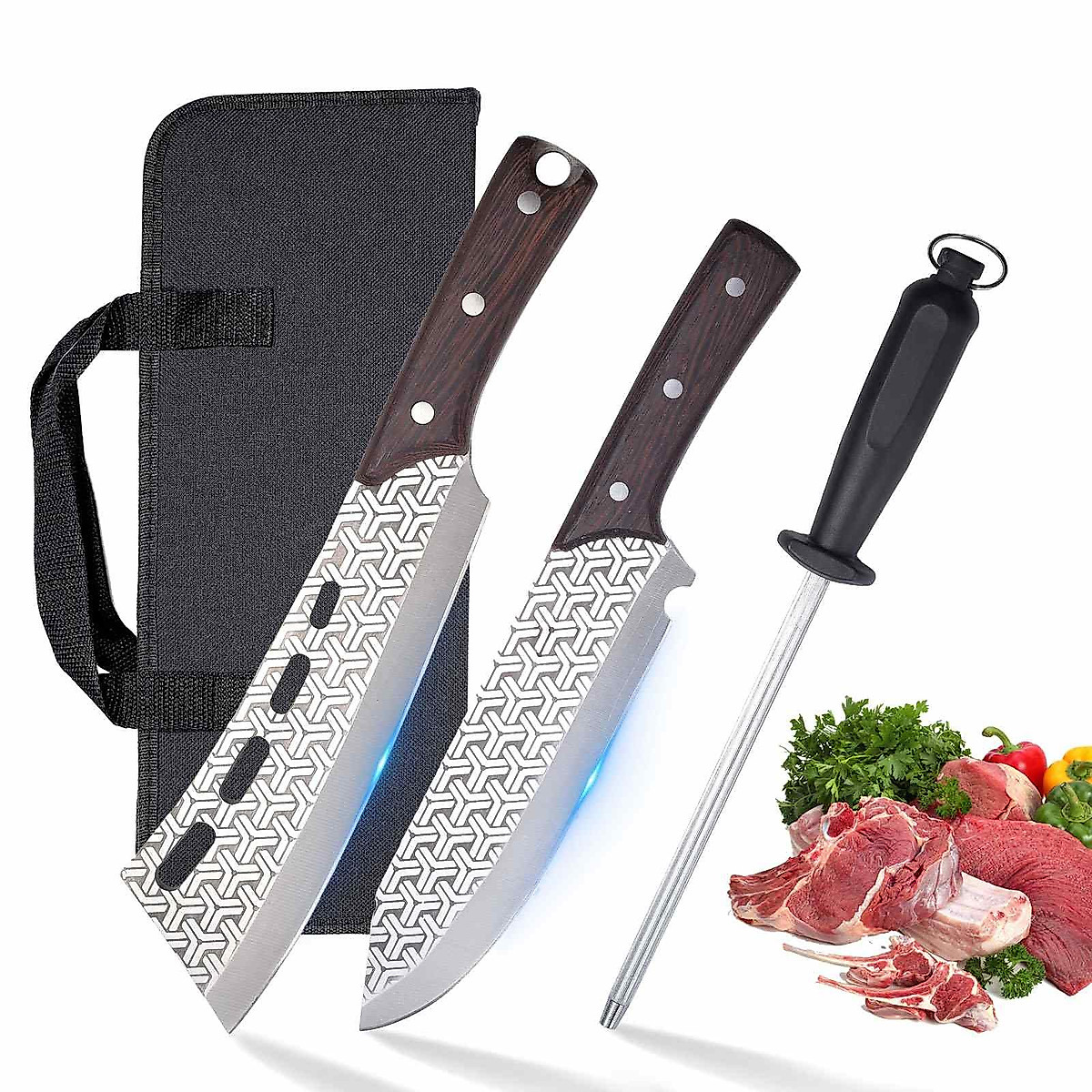 Xnarlath Butcher Chef Knife Set,Outdoor BBQ Camping Knife with Bag,Hand Forged Heavy Duty Bone Chopper,High Carbon Steel Meat Cleaver for Meat Cutting Processing (2 Cutting knife)