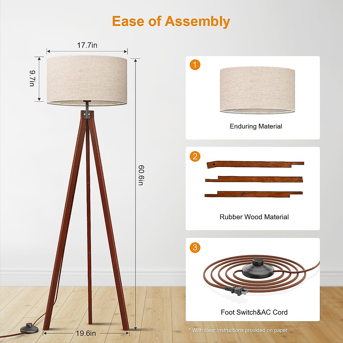LEPOWER Wood Tripod Floor Lamp, Mid Century Standing Lamp, Modern Design Studying Light for Living Room, Bedroom, Study Room and Office, Flaxen Lamp Shade with E26 Lamp Base