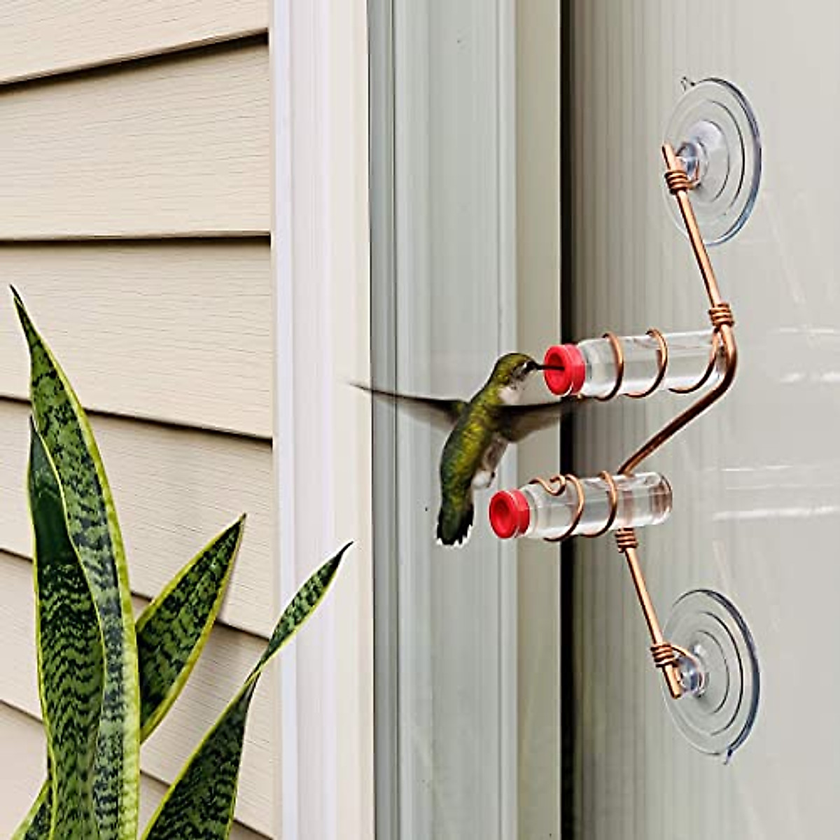 SWEET FEEDERS Geometric Window Hummingbird Feeder | Copper and Aluminum | Multiple Stations | Modern Hummingbird Feeder | Handcrafted | Home Décor | Glass Bottles | Suction Cups (Copper)