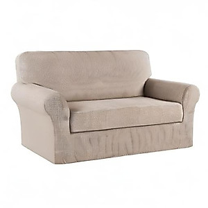 Turquoize Stretch Sofa Slipcover 2 Pieces Sofa Cover Couch Cover for 2 Cushion Couch Washable Furniture Protector Covers with Elastic Bottom Feature Thick Jacquard Fabric (Loveseat, Sand)