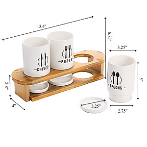 Fasmov Flatware Holder, 3 Pack Silverware Caddy with Bamboo Rack, Utensil Holder Ceramic Flatware Caddy White Ceramic Cutlery Organizer for Forks, Spoons, Knives