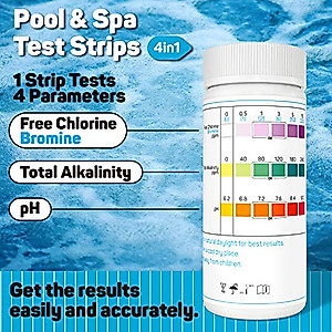 Pool and Spa Test Strips - Hot Tub Test Strips - 4 Way Quick & Accurate Chlorine Test Strips - 125 Pcs Test Hardness, Bromine, pH, Free Chlorine, Total Chlorine and Total Alkalinity - TESPERT