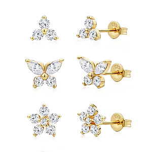 CHESKY Cubic Zirconia Gold Stud Earrings, Hypoallergenic Earrings Set for Women 14K Gold Plated Small CZ Studs Multipack Cartilage Earrings Women for Piercing 3 Pairs