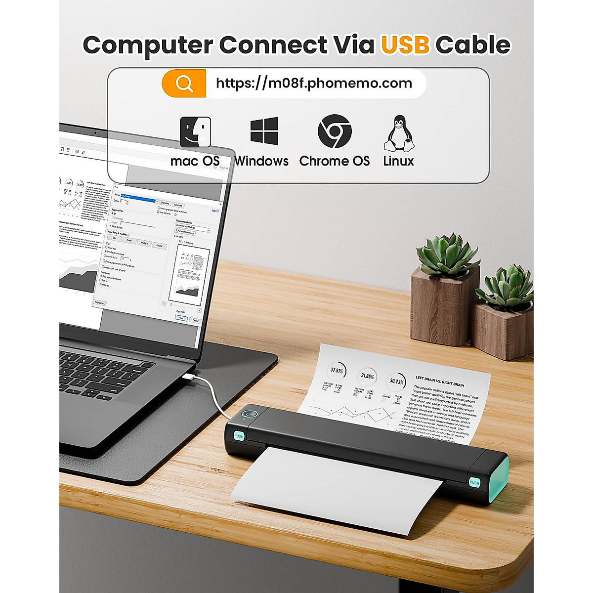 Phomemo M08F Wireless Portable Printer & US Letter Folding Thermal Paper Size 8.5" x 11", 200 Sheets, Inkless Thermal Compact Printer for Travel, Compatible with Android and iOS Phone & Laptop