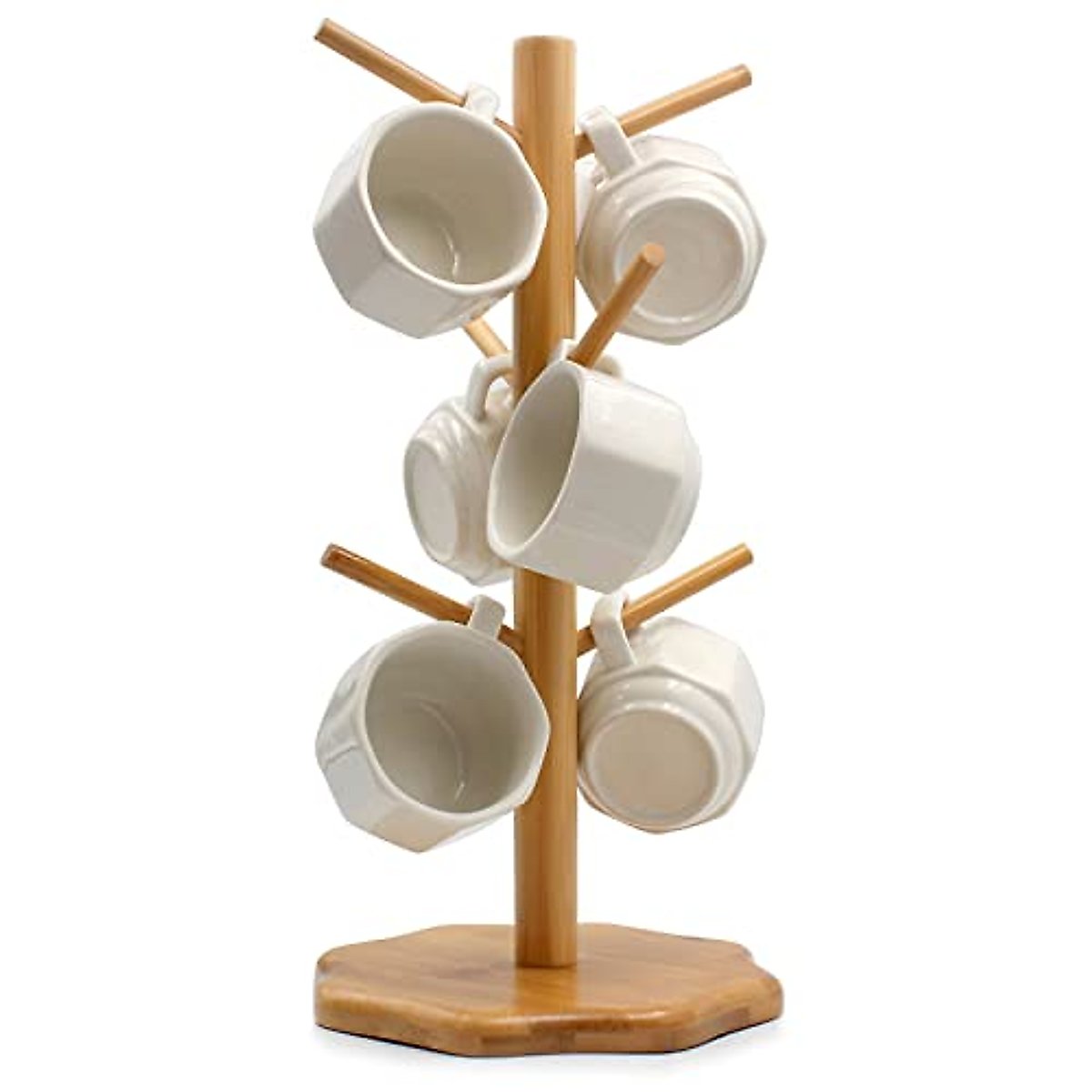 Mug Tree, Coffee Mug Tree, Bamboo Countertop Mug Tree Stand , Coffee Mug Holder Tree for Counter Stand with 6 Hooks, Octagon Base Coffee Cup Tree, Removable Mug Stands