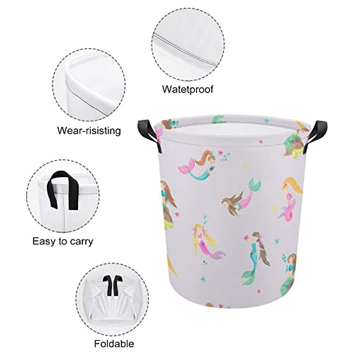 Mermaid Large Laundry Basket Hamper Bag Washing with Handles for College Dorm Portable