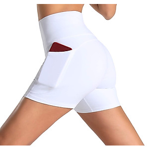 Wjustforu Women's 5" High Waist Biker Shorts Tummy Control Compression Yoga Short Tight Shorts for Workout Running (White, Medium)