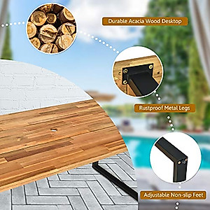 HAPPYGRILL 7PCS Patio Dining Set Outdoor Dining Furniture Set with Rectangle Table, Wicker Chairs, Acacia Wood Tabletop with Umbrella Hole, Natural Design Conversation Set for Garden Backyard