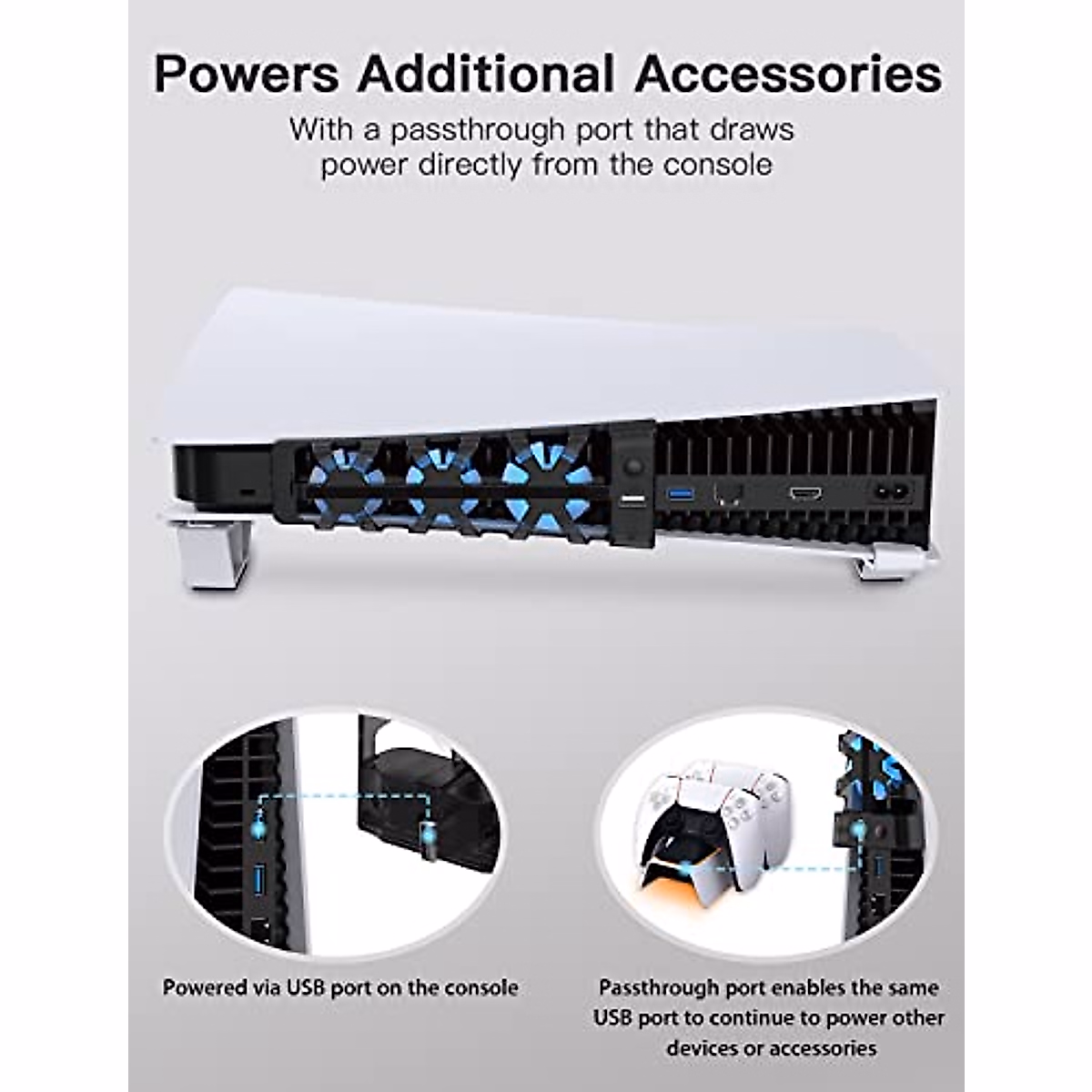 NexiGo PS5 Horizontal Stand with Slient Cooling Fan, [Auto On/Off], [Minimalist Design], Compatible with Playstation 5 Disc & Digital Editions, Built-in LED Light, Extra USB Port, Easy to Install