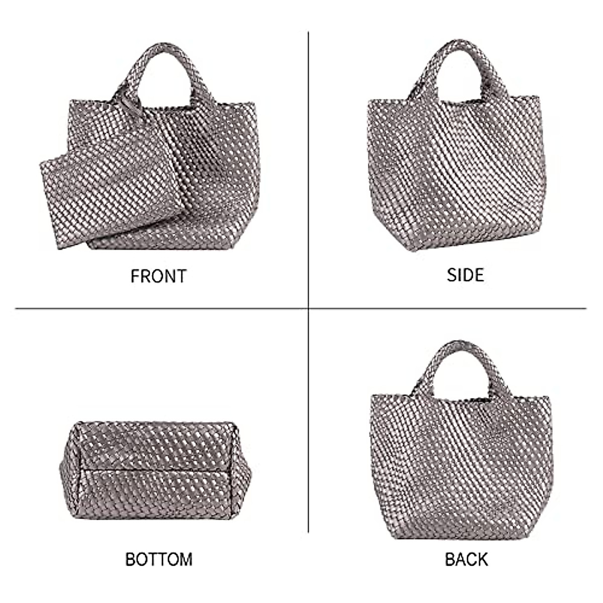 Woven Tote Bag, Women Macaron Soft Leather Weave Handbag Purse Wrist Bag Large Capacity Work Shopping Travel Daily (Silver)