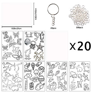 Natonhi Heat Shrink Plastic Sheets Kit 145Pcs Shrink Art Kit Including 20pcs Shrinky Paper Sheets 6pcs Traceable Picture Keychains Accessories- Perfect for Shrink Dink Sheets Crafts Making