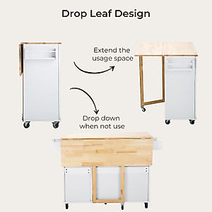 Unovivy Large Kitchen Island Cart with Drop Leaf, Kitchen Island with Storage, Rolling Kitchen Island with Adjustable Shelf Inside Cabinet, 3 Drawers, Spice Rack, Towel Rack and Wood Table Top(White)