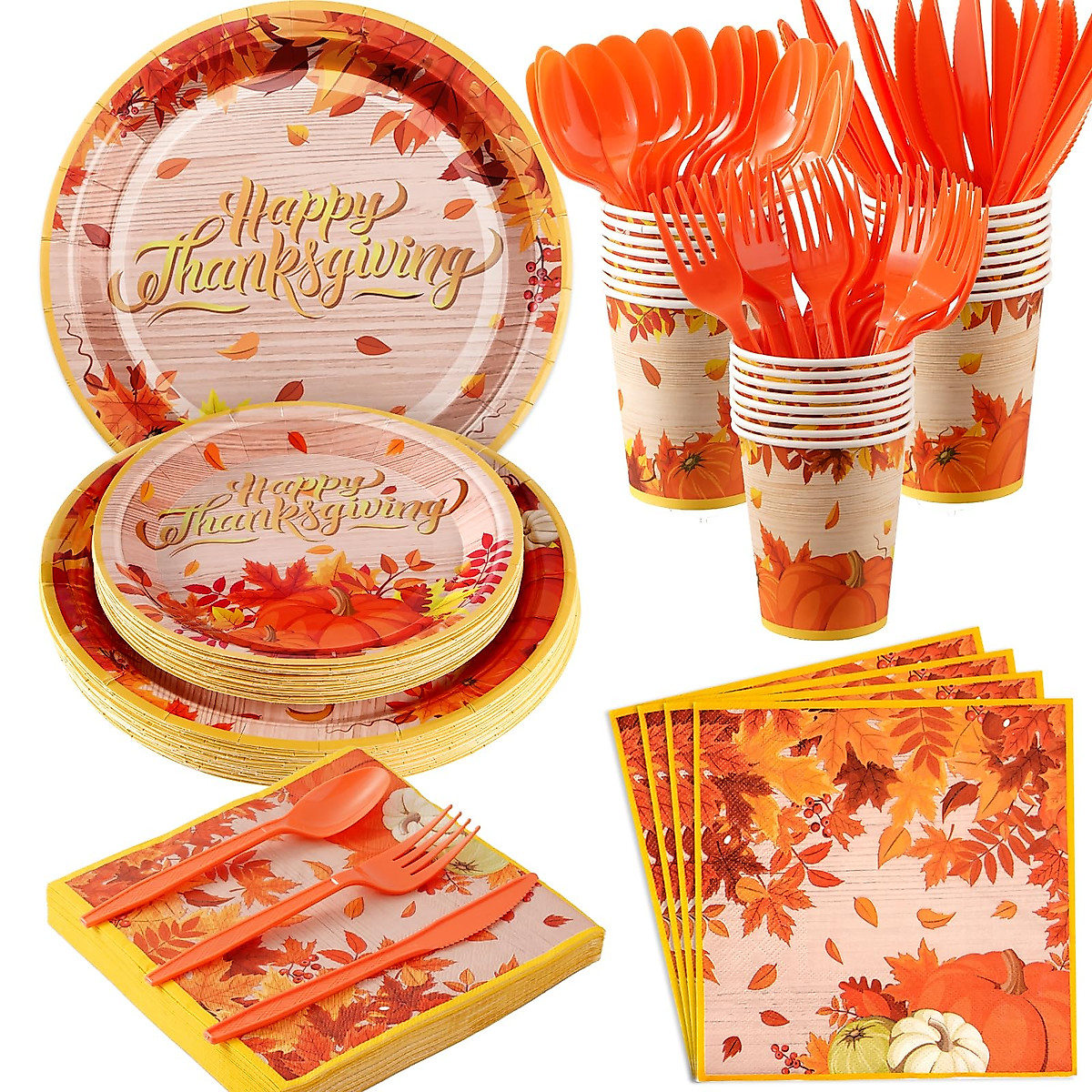 Grencian 175Pcs Thanksgiving Paper Plates and Napkins Set Thanksgiving Party Supplies Happy Thanksgiving Fall Leaves Disposable Dinnerware Set for Thanksgiving Theme Party, Serves 25