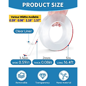 Teskyer Double Sided Tape Heavy Duty, Strong Adhesive Mounting Tape, Multipurpose Removable and Reusable Wall Tape Photo Frame Hanging Poster Tape Carpet Tape (16.4ft X 0.59in)