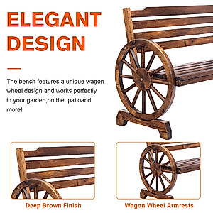 LOVIN&HUGIN Wagon Wheel Bench, Wooden Rustic Outdoor Patio Furniture, 3-Person Seat Bench with Backrest for Porch, Garden
