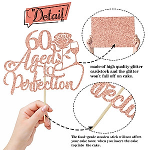 Women's 60th Birthday Cake Topper, Age to Perfection/Cheers to 60 Years, Funny Happy 60th Birthday Party Decorations Rose Gold Glitter