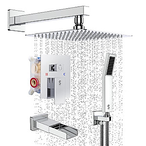 SR SUN RISE 12 Inches All Metal Square Shower System with Tub Spout, Tub Shower Faucet Set, High Pressure Rain Shower Head and Handheld Sprayer Combo Shower Fixtues, Valve Included, Polished Chrome