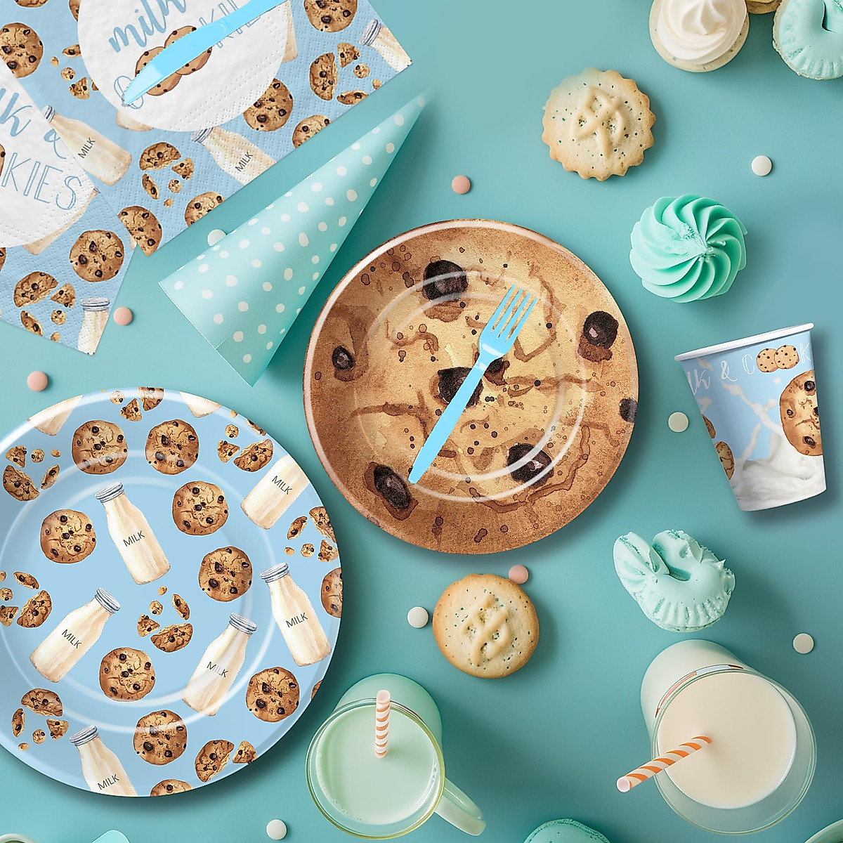 Xigejob Milk and Cookies Birthday Party Supplies - Milk and Cookies Party Decorations Tableware, Paper Plate, Cup, Napkin, Cutlery, Chocolate Chip Cookies and Milk Baby Shower Decorations | Serve 24