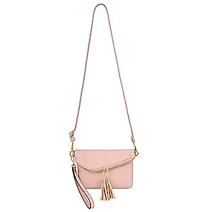 UTO Envelope Wristlet Clutch Crossbody Bag for Women Double Tassel Cellphone Trendy Purse with Strap and Zip Pocket Light Pink