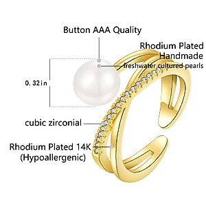 COISE Gold Pearl Rings, Adjustable Rings for Women Girls, AAA+ CZ Stacking Open Rings