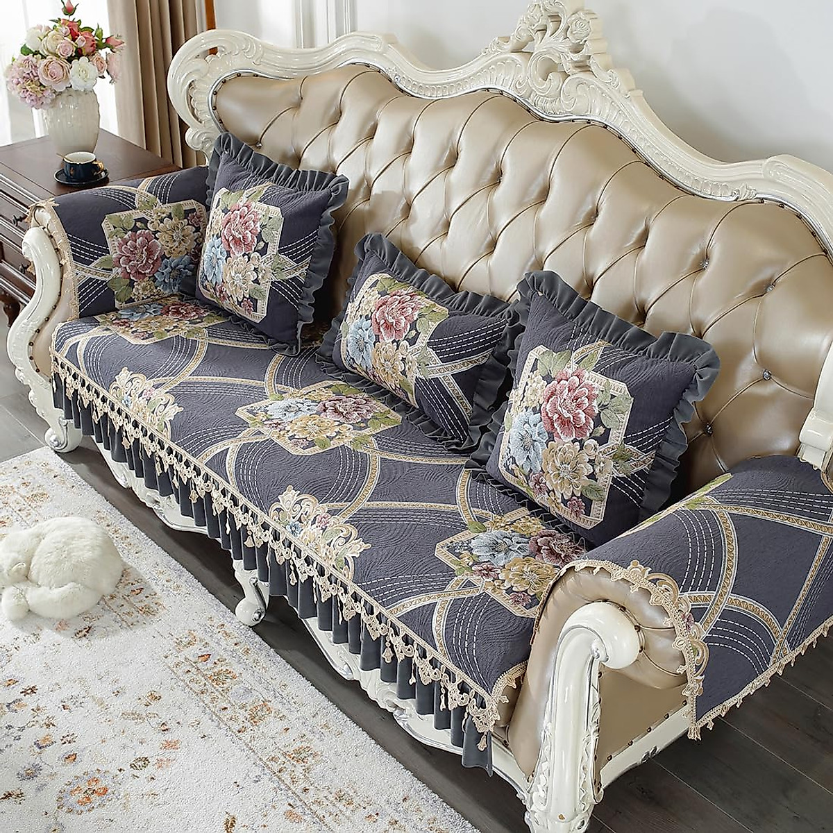 vctops Luxury Floral Jacquard Armrest Covers with Ruffled Non-Slip Super Soft Chenille Armchair Slipcovers for Dogs Cats Pet Loveseat Recliner Leather L Shaped (Grey,14"x28")