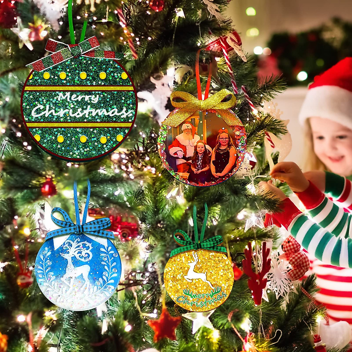 Juome Christmas Ornaments Resin Molds Silicone, 4 Pcs Round Shape Pendant Christmas Molds for Epoxy Resin, DIY Crafts Keychain Making Christmas Tree Decorations