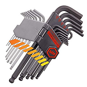 Carbyne Allen Wrenches Sets Long Arm Ball End - 26 Piece, Inch (Standard) / Metric. Includes Metric Hex 1.27mm-10mm, SAE Hex 0.05"-3/8". S2 Steel. A Perfect Set of Allen Wrenches/Allen Key Set