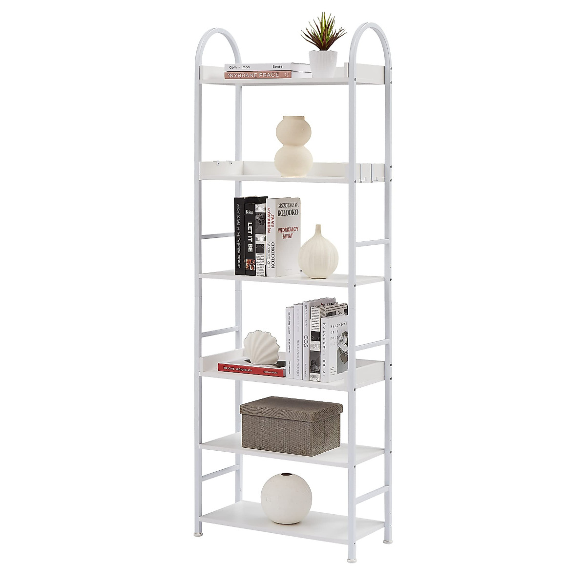 Bellemave 6-Tier Bookcase Freestanding Bookshelf with MDF Board & Round Top Frame, Narrow Rectangular Storage Shelves Adjustable Foot Pads for Living Room, Small Spaces (White) Narrow White (6-tier)