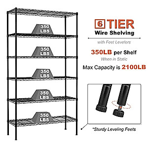 6 Shelf Wire Shelving Adjustable Storage Shelves Steel Wire Rack Metal Shelf 2100Lbs Capacity Standing Storage Shelf Units for Laundry Kitchen Garage Pantry Closet ( Black, 48" L x 18" W x 82")