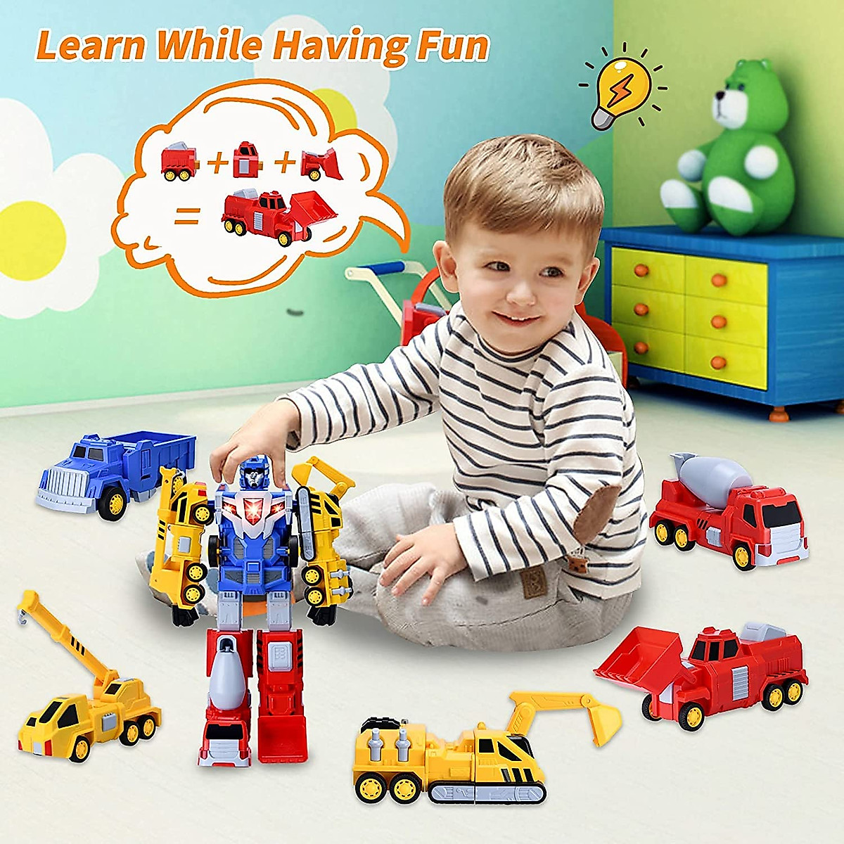 funlarea Toys for 3 4 5 6 7 8 Year Old Boys, Construction Vehicles Transform Robot Kids Toys, STEM Building Toys for Kids Ages 3-8, 5-in-1 Trucks Car Gifts for Boys Girls