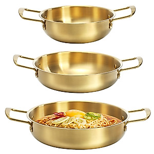 Okllen Set of 3 Korean Ramen Noodle Pot with Handles, Stainless Steel Everyday Pan, Golden Korean Cooking Pot for Soup, Noodle, Pasta, Home and Outdoor, Dishwasher Safe, Size 7", 8.7", 9.5"