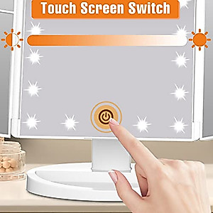 FASCINATE Trifold Vanity Mirror with Lights, Lighted Makeup Mirror 2X/3X Magnification, 21 LED Touch Dimming, Dual Power 90° Rotation Lit Beauty Table Mirror, Make up Mirror with Lighting (White)