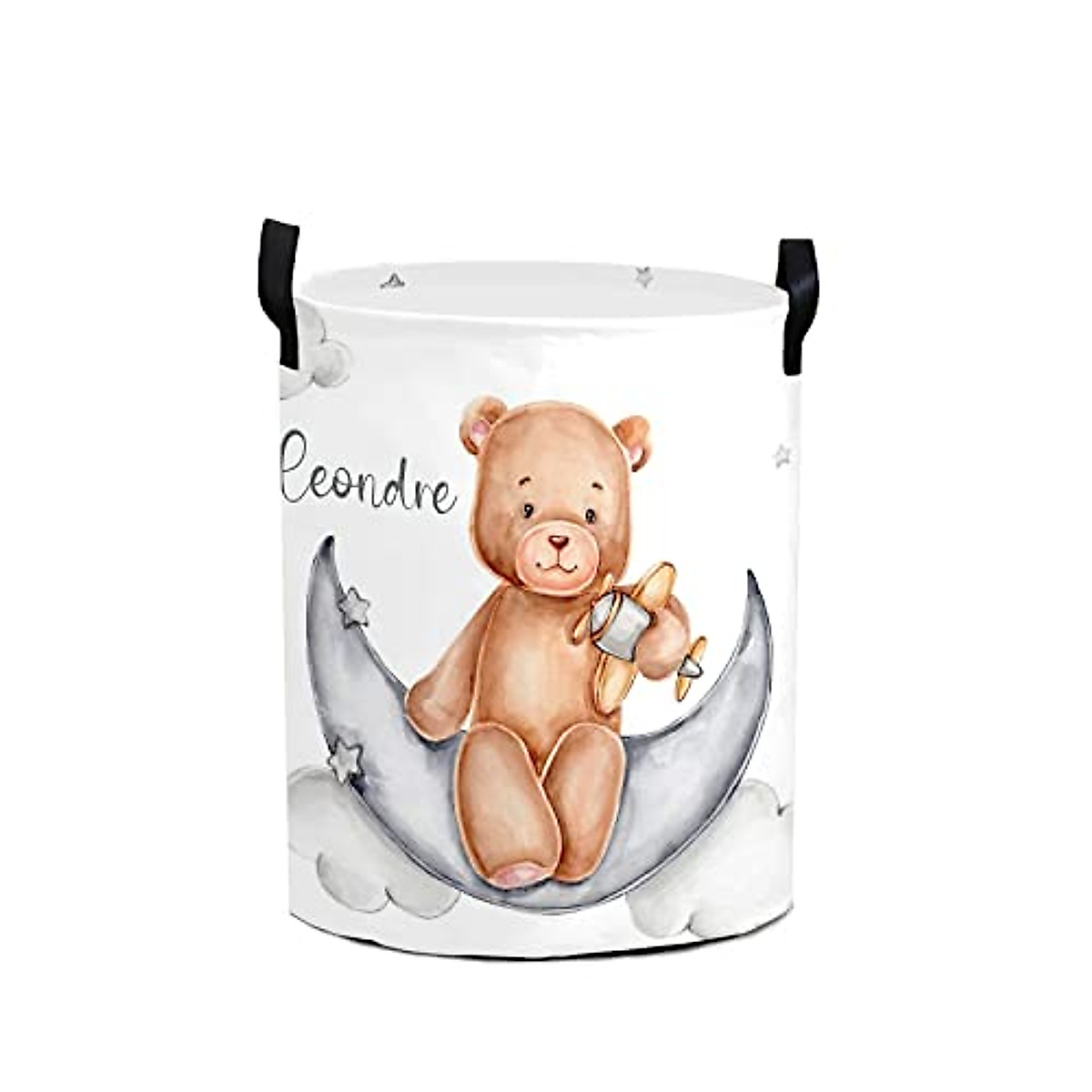 Teddy Bear Sits on Moon Personalized Foldable Freestanding Laundry Basket Clothes Hamper with Handle, Custom Collapsible Storage Bin for Toys Bathroom Laundry