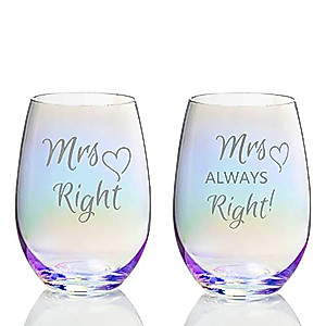 Valentines Day Gifts for Lesbian, Mrs Right Mrs Always Right Engraved Rainbow Wine Glasses Wedding Gifts Set for Lesbian Gay Couple