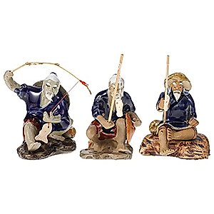 DOITOOL 3pcs Miniature Fisherman Statue Ceramic Chinese Mudman Fishing Garden Figurine Ornament for Fish Tank Bonsai Landscape Fairy Garden Decoration Style B