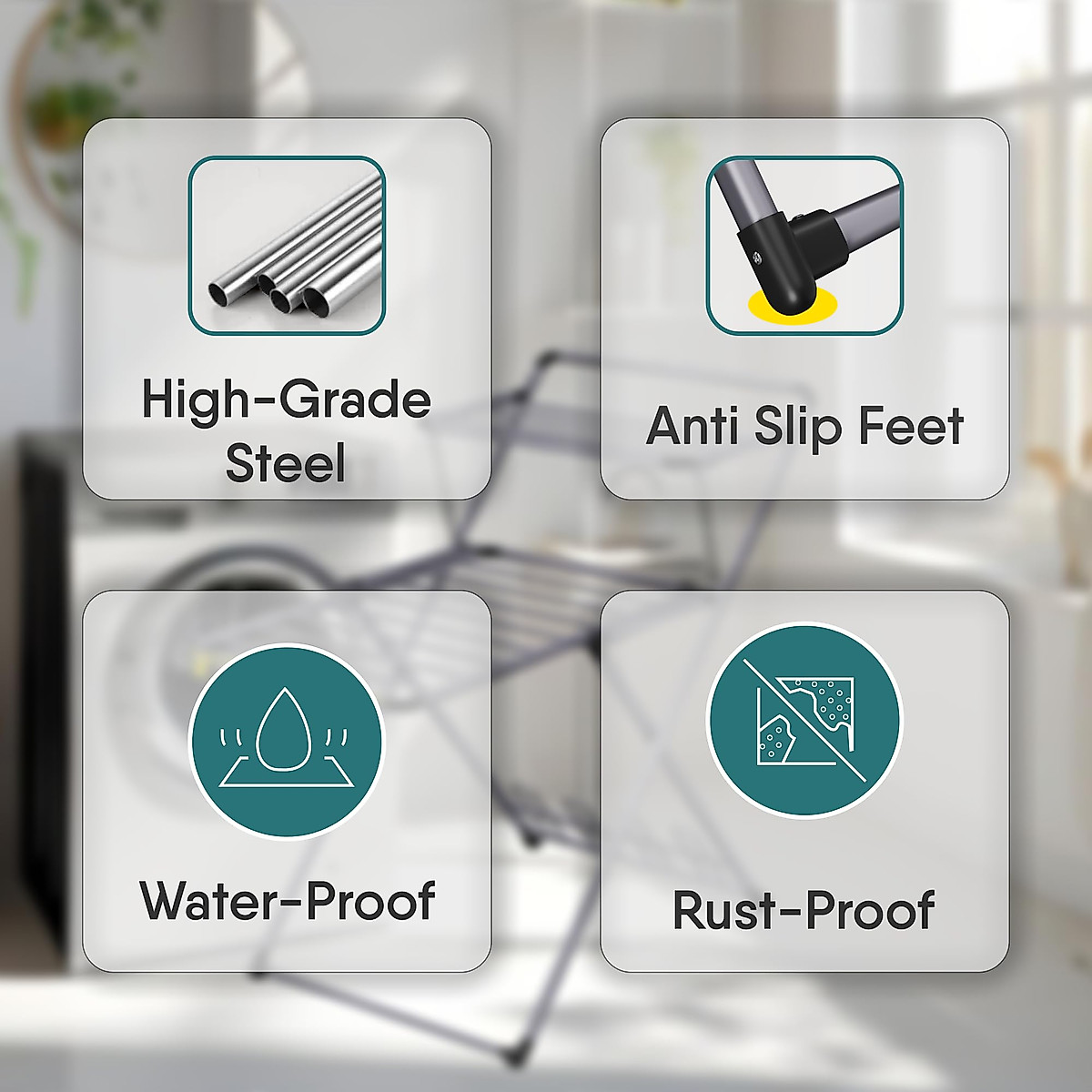 XABITAT Foldable Clothes Drying Rack with Shoe Hanger | Metal Construction, Non-Slip Feet | Dual Layer with Hooks | Hidden Wheels | Space Saving Portable | Ideal for Laundry Room, Indoor & Outdoor