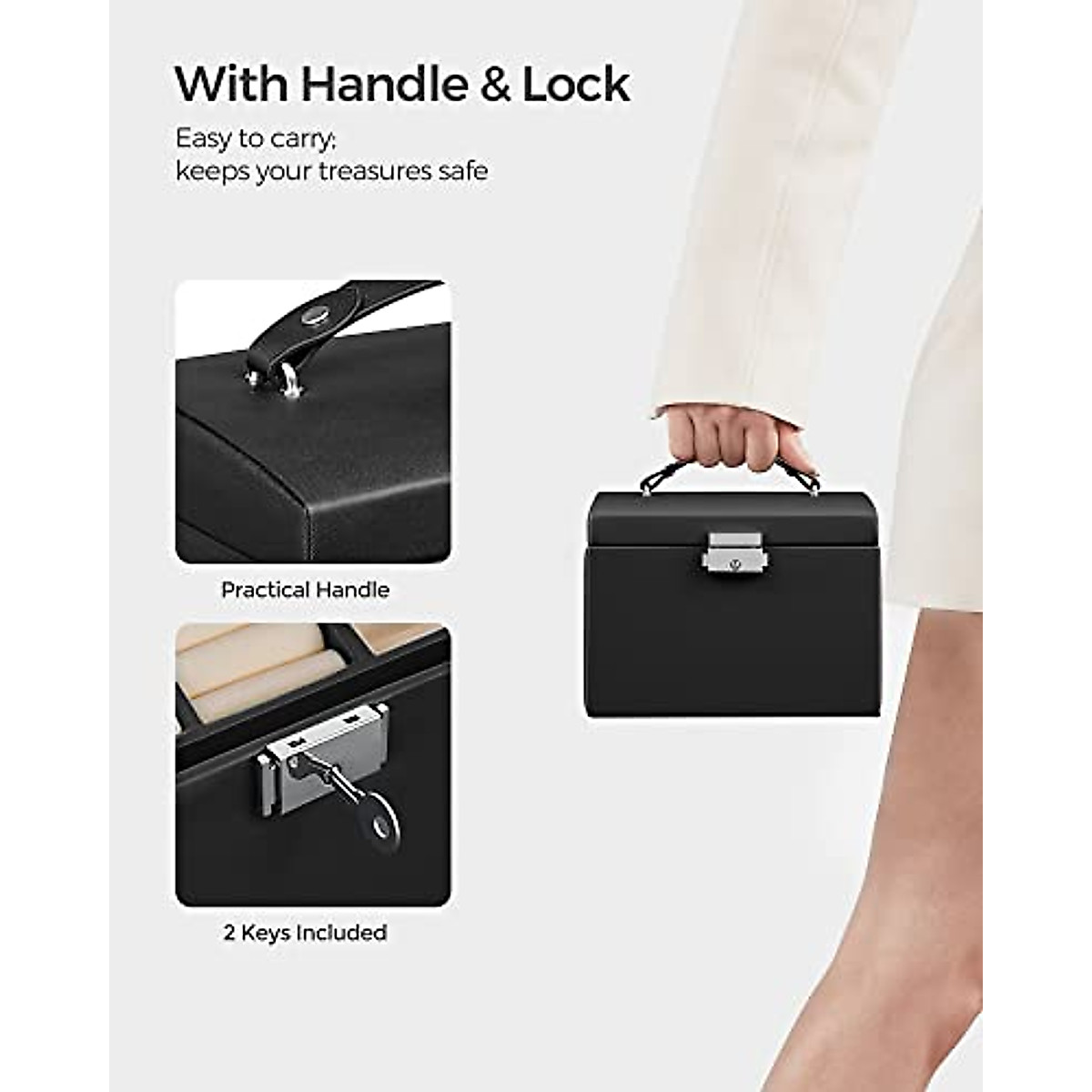 SONGMICS 3-Tier Jewelry Box, Travel Jewelry Case with Handle, 2 Drawers, Lockable Jewelry Organizer with Mirror, Jewelry Storage, Modern Style, Gift for Loved Ones, Black UJBC154B01