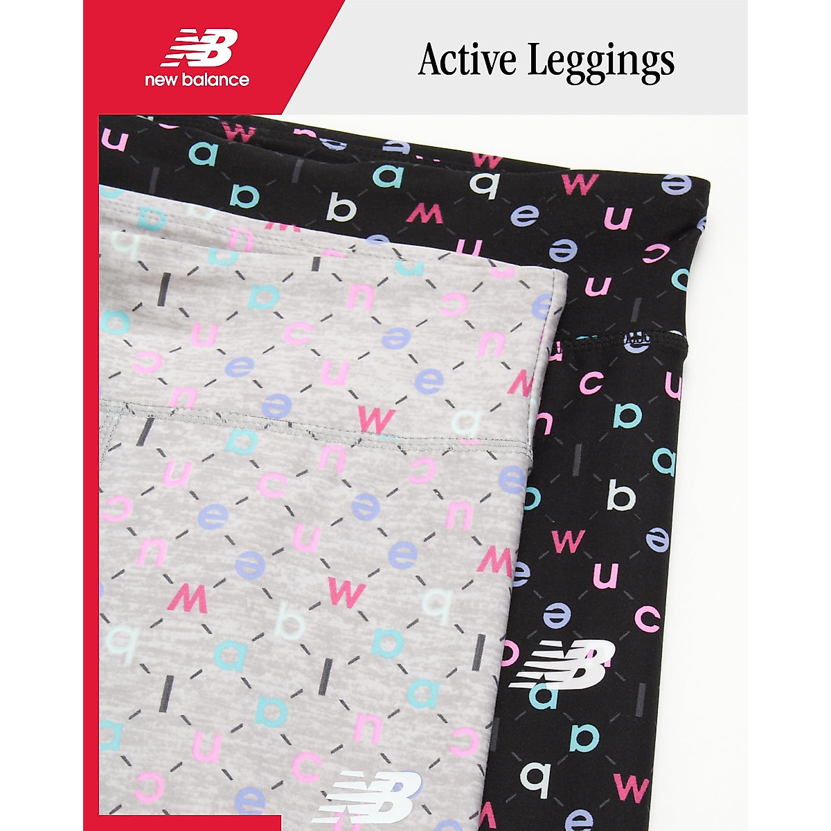 New Balance Girls' Active Leggings - 2 Pack Full Length Performance Yoga Pants (7-16), Size 14-16, Logo Grey/Black