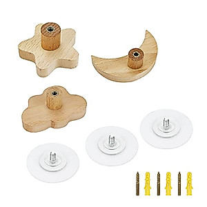 KUMGROT 6pcs Coat Hooks Wall Mounted Wood Wall Hooks Decorative Cute Hooks for Living Room Bedroom Hanging Clothes Hats Towels Purse 2 Moons 2 Stars 2 Cloud