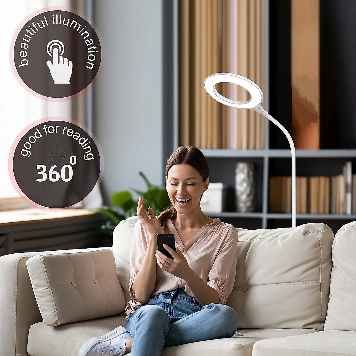 Bright Floor Lamp for Office, Reading and Bedrooms. LED Floor Lamp for Lash Light for Eyelash Extensions, Makeup & Nail Spa. Gooseneck Standing Lamp (White)