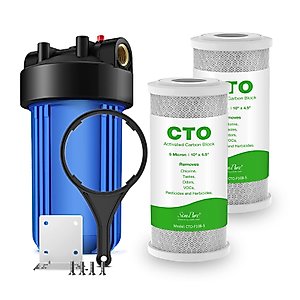 SimPure 10-inch Filter Housing with 10" x 4.5" CTO Carbon Filter Cartridges, Whole House Water System for Well and City Water