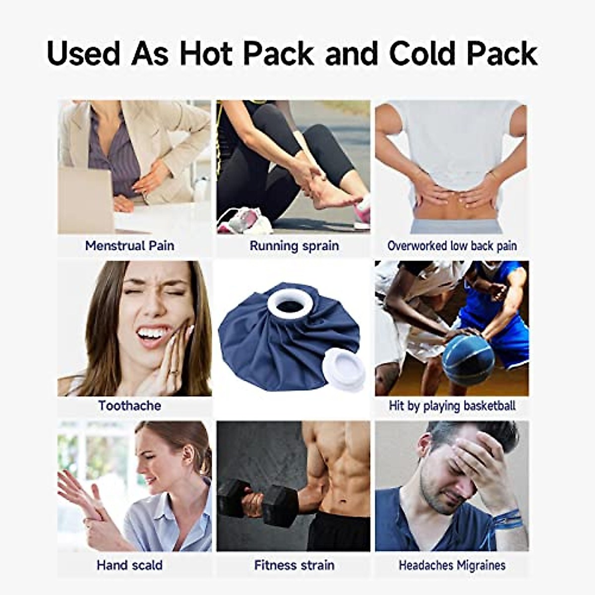 BICAREE Ice Pack for Injuries Reusable, Ice Bags Hot Water Bag for Hot & Cold Therapy and Pain Relief with Cover, No-Leak Elastic Breathable Ice Bag, Size 9"